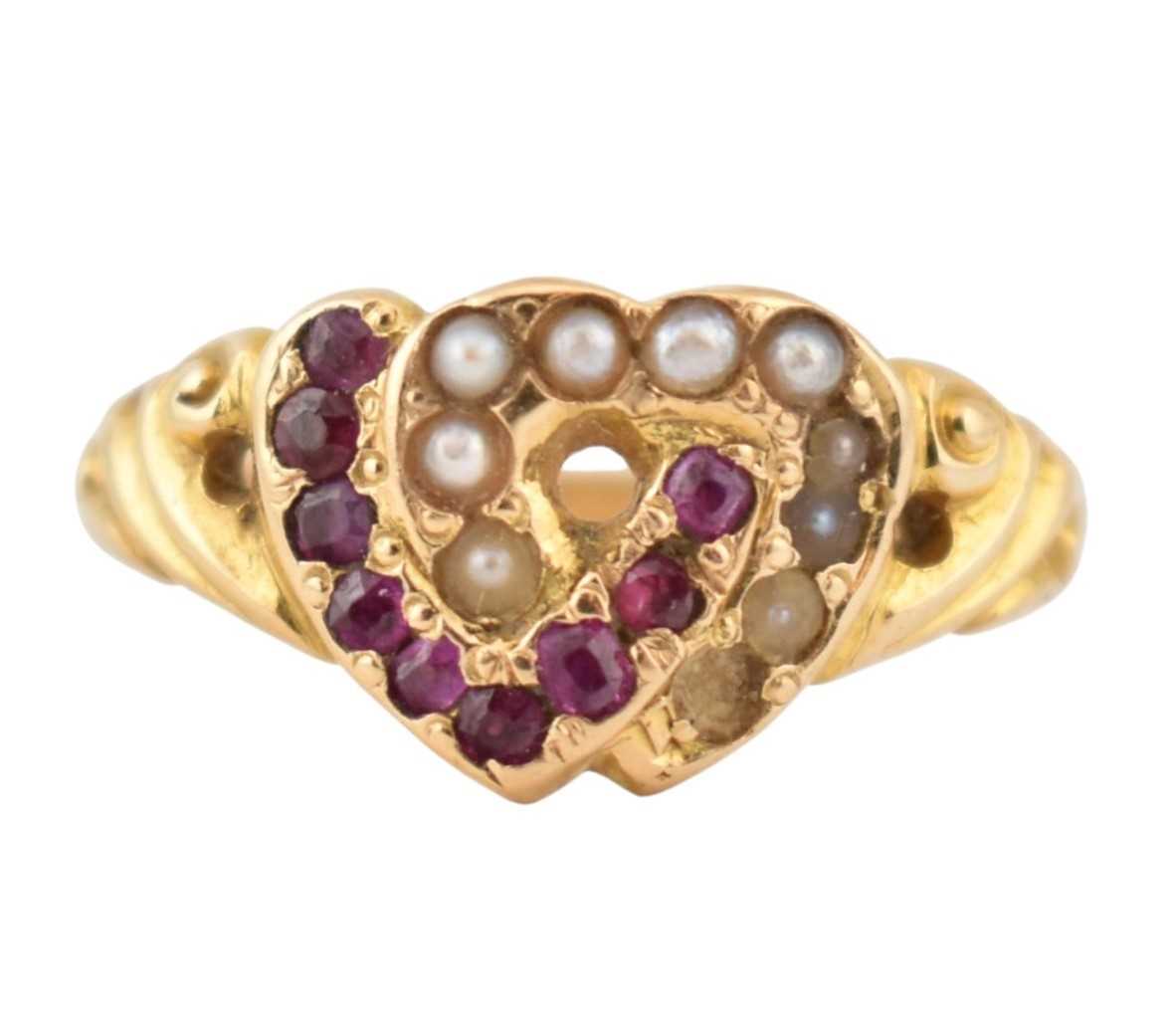 Lot 160 - 19TH CENTURY 15CT GOLD PEARL & RUBY RING