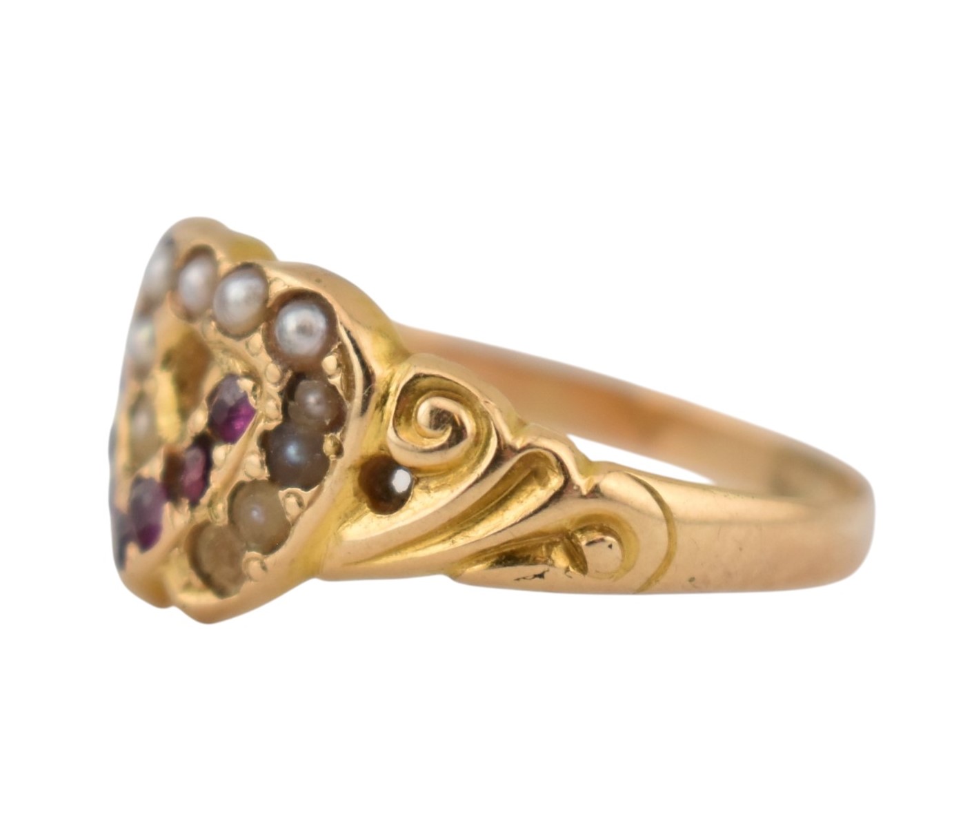 Lot 160 - 19TH CENTURY 15CT GOLD PEARL & RUBY RING